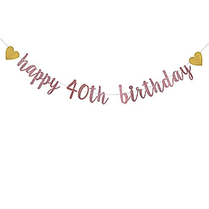 XIAOLUOLY Rose Gold Glitter Banner,Pre-Strung,40th Birthday Party Decorations Bunting Sign Backdrops,Happy 40th Birthday
