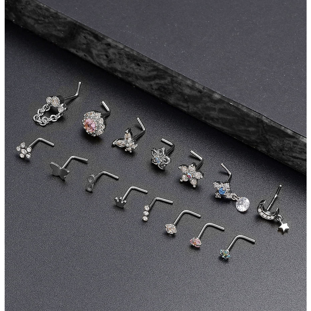 Tornito 16Pcs Dangle Nose Rings Stud L Shaped Cubic Zirconia Butterfly Heart Star Moon Flower Crown Assorted Shape Stainless Steel Nostril Piercing Jewelry for Women Men 20G Silver Tone