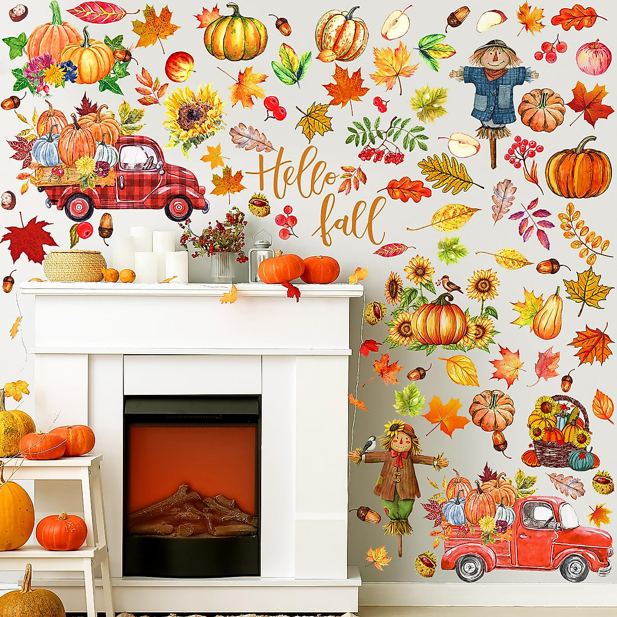 Chivertion 6 Sheets Thanksgiving Fall Wall Sticker Decorations, Thanksgiving Wall Stickers for Kids Home Office Classroom Party Glass Wall Autumn Fall Leaves Wall Decal(Scarecrow)