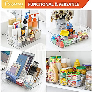 Tasmy Set of 4 Refrigerator Organizer Bins - Stackable Fridge Organizers with Handles for Freezer, Kitchen, Countertops, Cabinets - Clear Plastic Pantry Food Storage Rack, BPA Free