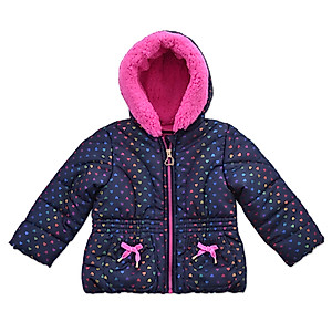 Arctic Quest Toddler Girls Metallic Rainbow Heart Print Snowsuit Fleece Lined Hooded Jacket and Bib Set, Navy Blue & Pink, 5/6