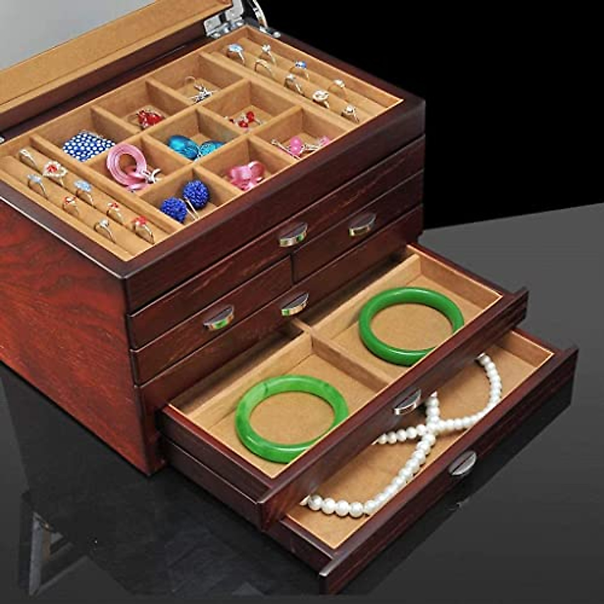 Yalych Jewelry Box Jewelry Case Wood Jewelry Box 6 Layer Jewelry Case with Mirrored Watch Organizer Huge Box Jewelry Organizer