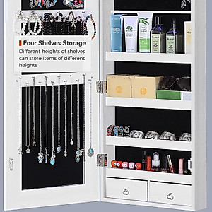 GISSAR Full Length Mirror Jewelry Cabinet, 6 LEDs Jewelry Armoire Wall Mounted Over The Door Hanging, Jewelry Organizer Storage with Lights Lockable, Bright White, 14.6" x 47.2"