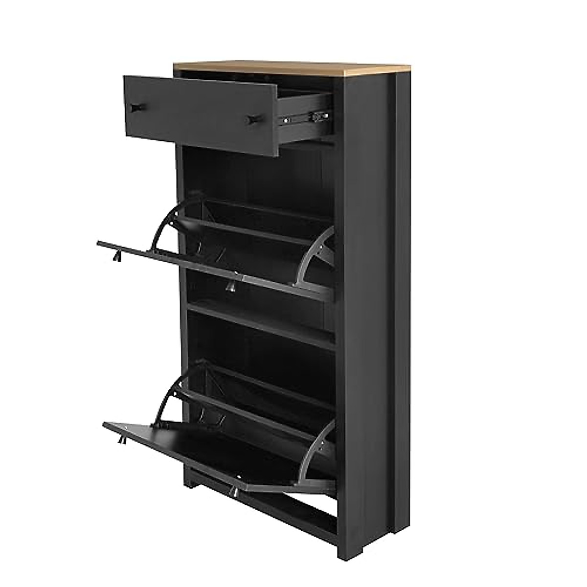 HESIEU Functional Wooden Shoe Cabinet with 2 flip-top Drawers, Wood Grain Pattern top Shoe Cabinet with Drawers Freestanding Shoe Rack with Adjustable Panel for Hallway Entrance Foyer (Black)