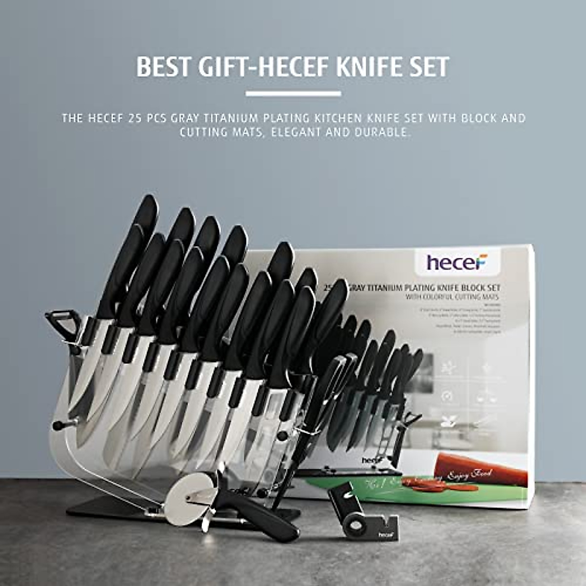 hecef 25 pcs Kitchen Knife Set with Block - 8 Cooking Knives, 8 Serrated Steak Knives, 4 Cutting Mats, Pizza Wheel, Scissors, Peeler, Knife Sharpener & Acrylic Stand (Gray Titanium)