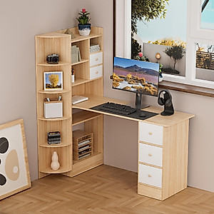 clinmday L-Shaped Modern Minimalist Computer Desk with Bookshelves Wide Desktop Corner Desk with Storage Shelves with Drawers and Filing Cabinets Suitable for Home Study, Home Office, Brown