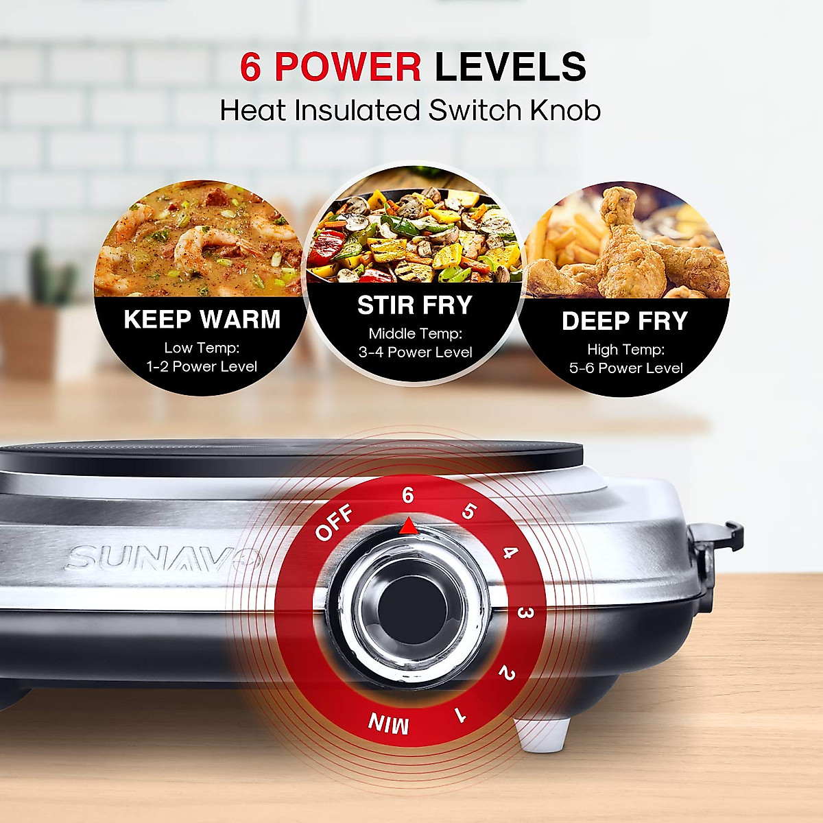 SUNAVO 1500W Hot Plates for Cooking, Electric Single Burner with Handles, 6 Power Levels Stainless Steel Hot Plate for Kitchen Camping RV and More Silver