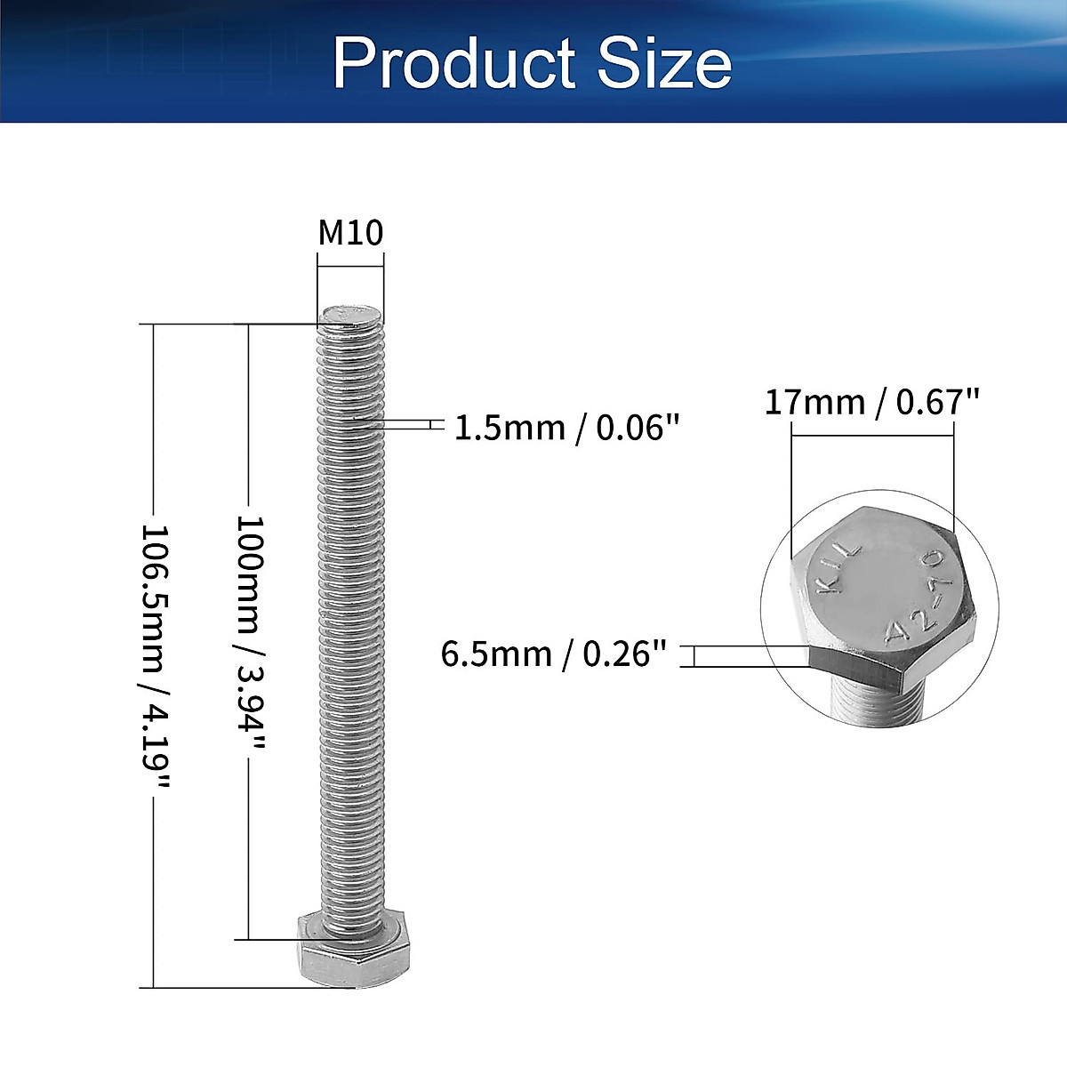 Bettomshin 4Pcs M10 x 100mm Hex Bolts, 304 Stainless Steel 1.5mm Thread Pitch Fully Threaded Metric Hex Head Screw Bolts, Hexagon Screw Bolt, Hex Tap Bolts, Silver (Overall Size 105.5x17x17mm)