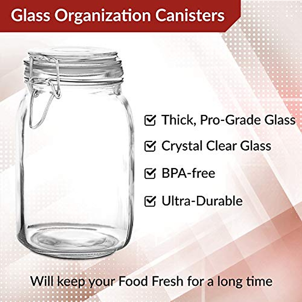 Set of 3 Glass Mason Jar with Lid (1 Liter) | Airtight Glass Storage Container for Food, Flour, Pasta, Coffee, Candy, Dog Treats, Snacks & More | Glass Organization Canisters | 34 Ounces