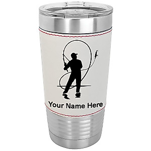 LaserGram 20oz Vacuum Insulated Tumbler Mug, Fly Fisherman, Personalized Engraving Included (Faux Leather, Baseball Style)