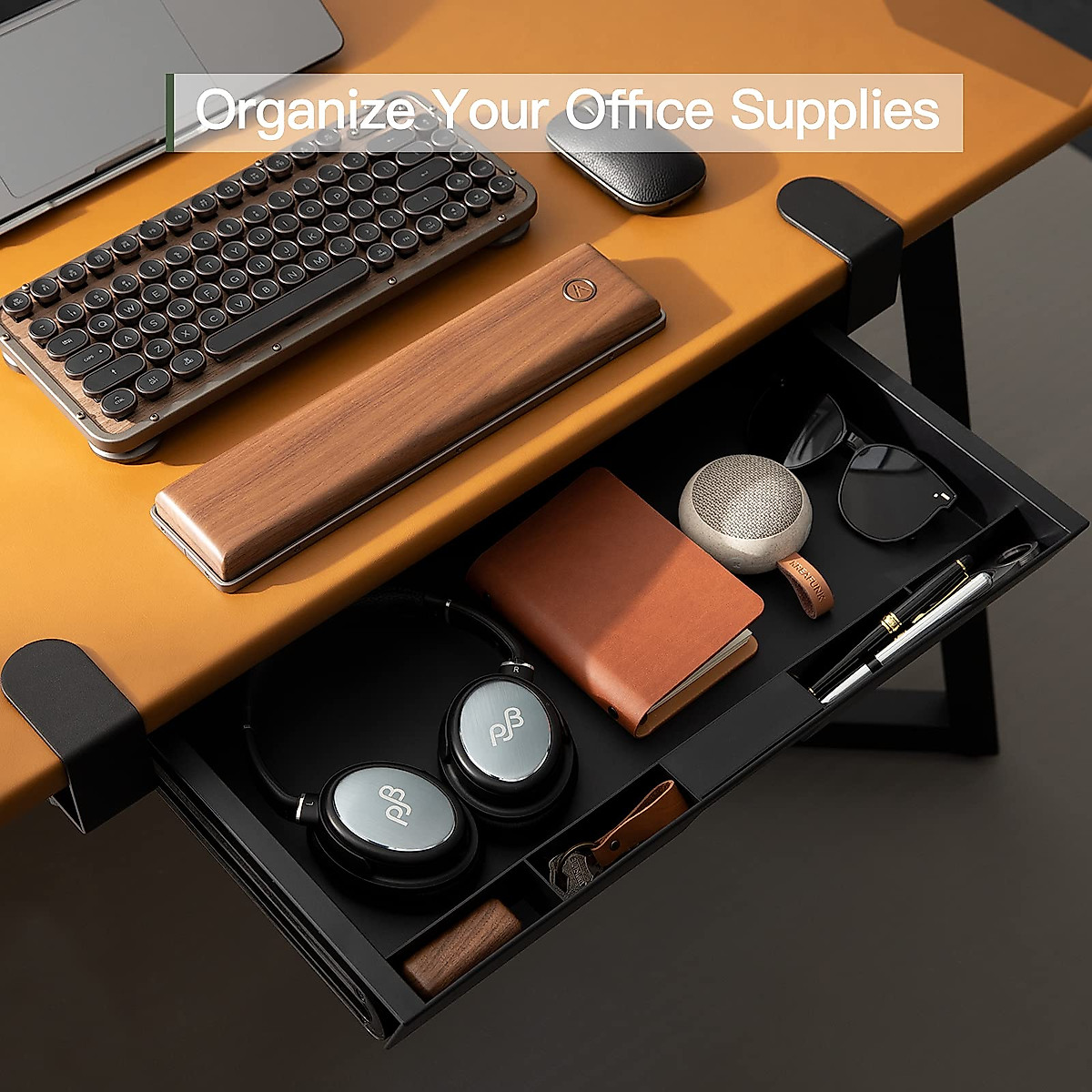 HUANUO Keyboard Drawer Under Desk - Clamp on Keyboard Drawer for Pen, Pencil and Other Office Essentials with Sturdy C Clamp Mount System for Office & Home