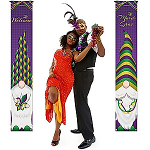 Mardi Gras Gnome Porch Banner Fleur De Lis Beads New Orleans Carnival Holiday Front Door Sign Wall Hanging Party Decoration