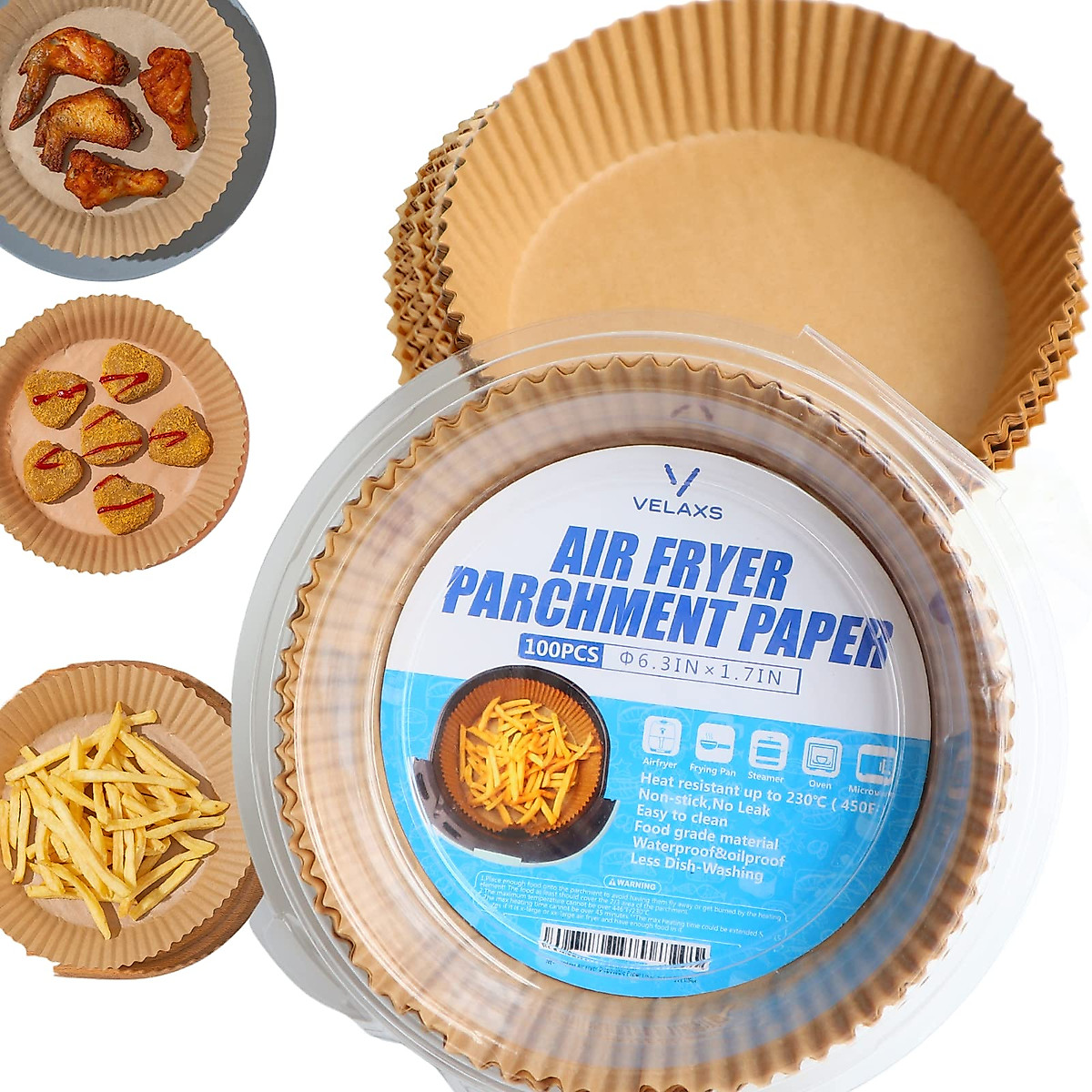 Velaxs Air Fryer Liners Disposable, Cooking Nonstick Filter Inserts Liners, Microwave Frying Pan Parchment Paper, Oil-proof Baking Roasting Food Grade Paper Sheets for Air Fryer 100 pcs 6.3 inch Round