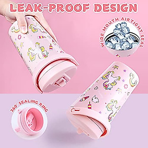 Opreine Kids Tumbler with Lid and Straw, 14oz Insulated Water Bottle with Straw, Stainless Steel Kids Cup for Girls, Double Wall Vacuum Thermos Water Bottle for School Sports Travel, Pink Unicorn