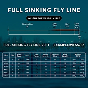 SF Full Sinking Fly Fishing Line Weight Forward Taper Fly Line for Freshwater WF5S 90FT IPS3