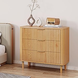 YITAHOME 3 Drawer Dresser for Bedroom, 32 inch Tall Mid Century Modern Chest of Drawers, Waveform Fluted Side Table with Curved Profile Design, Wood Drawer Organizer, Natural Oak