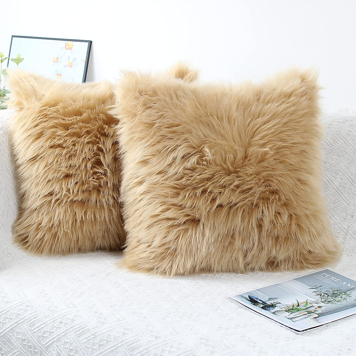 OYIMUA Fluffy Decorative Throw Pillow Covers 20×20, Faux Fur Farmhouse Luxury Pillow Cases,Soft Plush Fuzzy Beige Cushion Covers for Sofa Couch Living Room Bedroom Set of 2