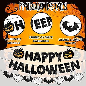 Black Glitter Happy Halloween Banner - Halloween Hanging Paper Garland Bunting Banner with Pumpkin, Ghost, and Bat Decorations, Photo Backdrop for Wall Home Mantle Office Wall Scary Party Supplies