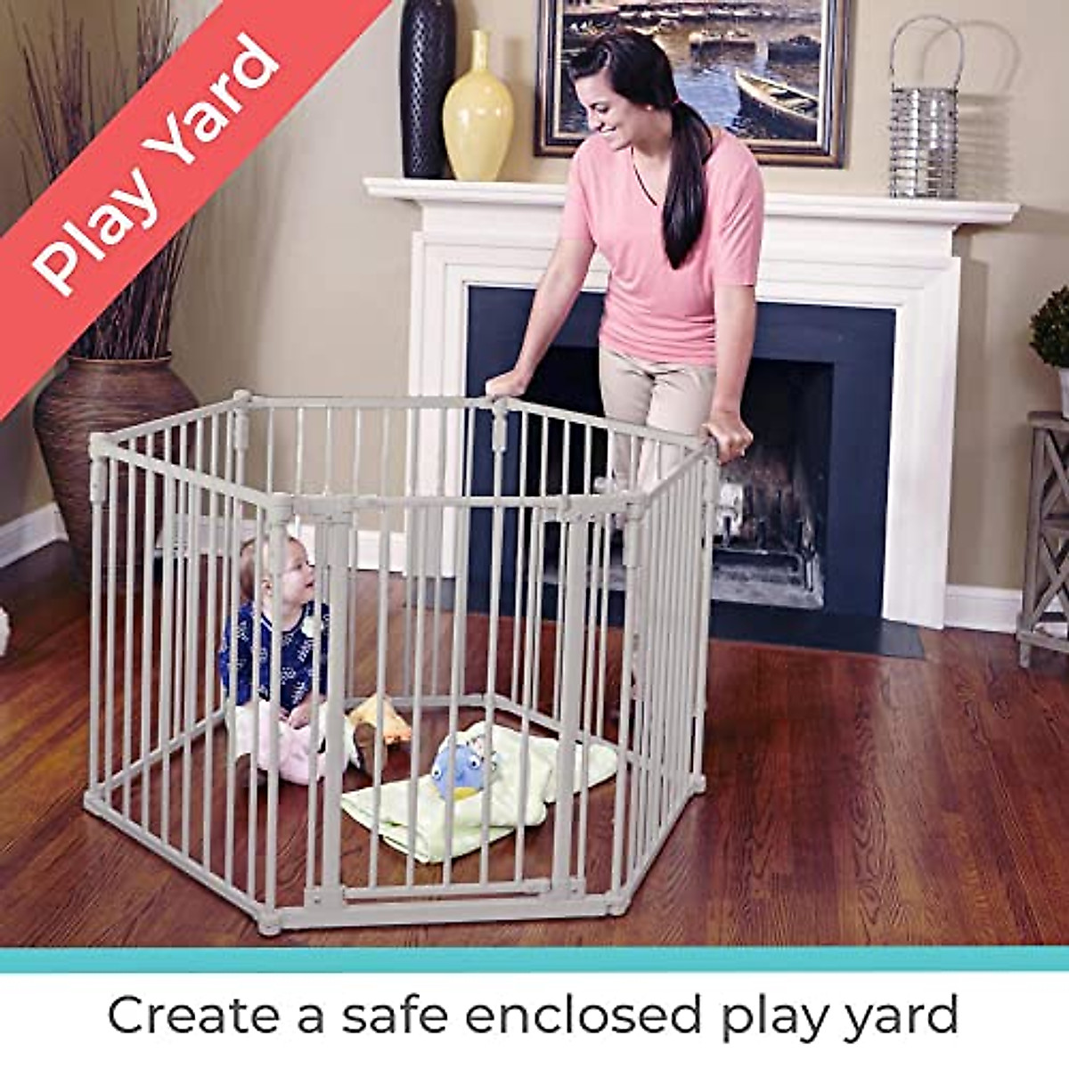 Toddleroo by North States 3 in 1 Metal Superyard: 151" long extra wide baby gate, barrier or play yard. Hardware or freestanding, 6 panels, 10 sq.ft. enclosure (30" tall, Taupe)