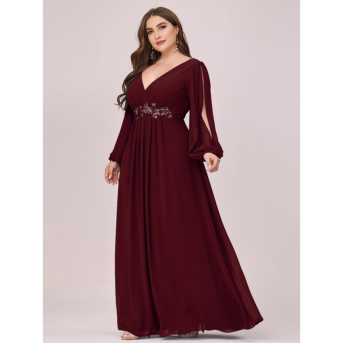 Ever-Pretty Plus Women's Chiffon Plus Size V Neck Side Slit Sleeves Beach Dress Burgundy US24