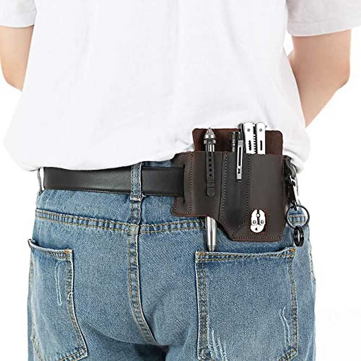 PUOSUO Multitool Sheath for Belt,EDC Letaher Multitool Sheath,Leather Flashlight Holster,Handmade 3 Pockets Organizer Sheath for Tactical pens,Tools, Leather EDC Pocket Organizer (Deep Brown)