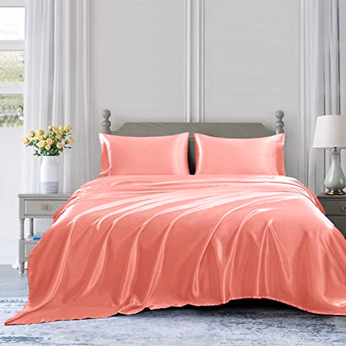 Homiest 3pcs Satin Sheets Set Luxury Silky Satin Bedding Set with Deep Pocket, 1 Fitted Sheet + 1 Flat Sheet + 1 Pillowcase (Twin Size, Rose Pink)