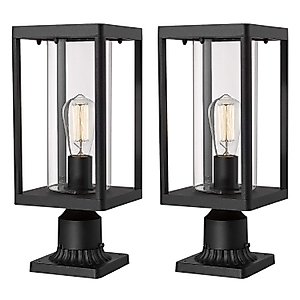 Beionxii Outdoor Post Lantern, 20inch Large Modern Lamp Post Light Fixture Exterior Pillar Lights with Pier Mount Base, Black Cast Aluminum w/Clear Cylinder Glass - A291P-2PK