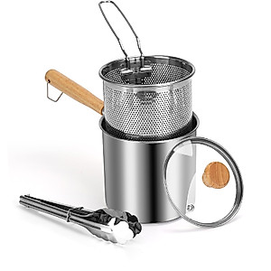 Small Deep Fryer Pot with Basket, Mini Fryer and Soup Pot with Tongs and Lid for 1-2 People, Works on Gas or Induction Burner, Dishwasher Safe, 1.3-Quart