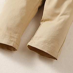 PURSKYY Baby Boy Dress Clothes 3-6 Months, Newborn Gentleman Outfit, Long Sleeves Shirt+ Bowtie+ Khaki Suspenders Pants, Fall Winter Infant Wedding Suit Set