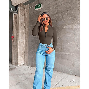 OQQ Women's 2 Piece Bodysuits Sexy Ribbed One Piece Zip Front Long Sleeve Tops Bodysuits Black Darkbrown