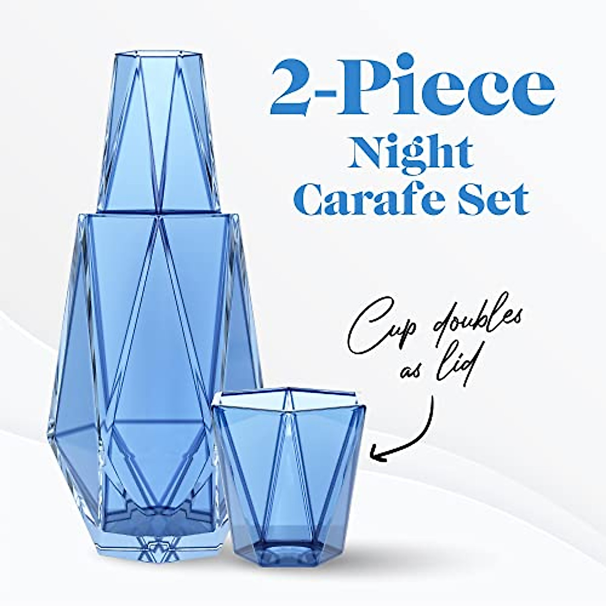 Modern Geometric Bedside Carafe | 2-Piece Set - Bedside Water Carafe | Glass Carafe with Cup that Doubles as Lid | Bedside Water Carafe and Glass Set in Blue (37oz)