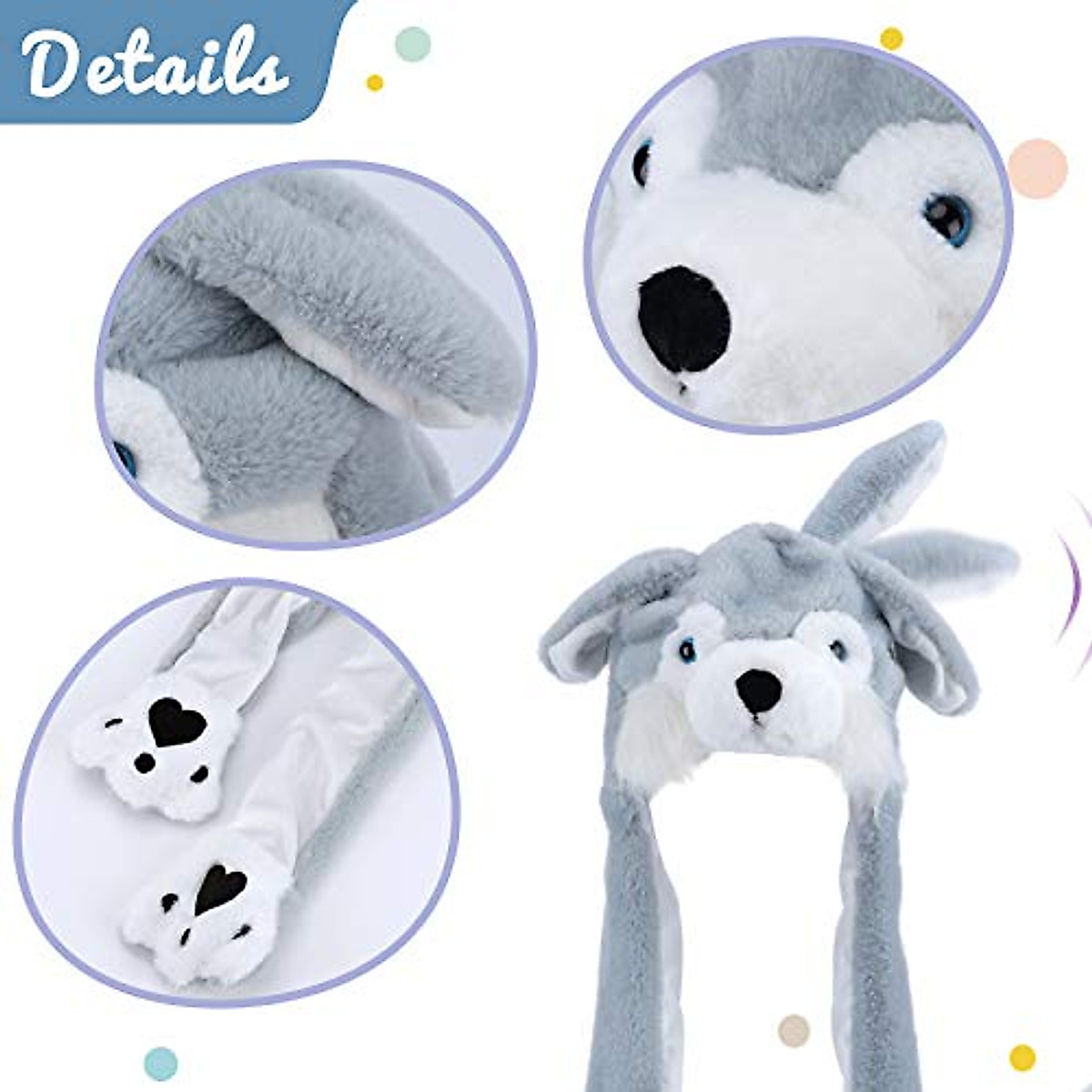 Hopearl Husky Hat with Ears Moving Jumping Pop Up Beating Hat Plush Holiday Cosplay Dress Up Funny Gift for Kids Girls, Gray, 22''