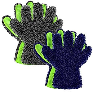 Ferraycle 2 Packs Car Wash Mitt 5 Finger Microfiber Wash Mitts Auto Car Dusting Gloves Double Sided Cleaning Gloves for Kitchen Home(Blue and Black)