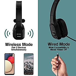 Work PRO Wireless Headset for Samsung Galaxy A11/A51/A71/5G/71s 5G UW with Boom Dual V5.0 Bluetooth Plus 3.5mm 1/8 Backup Cable (Black)