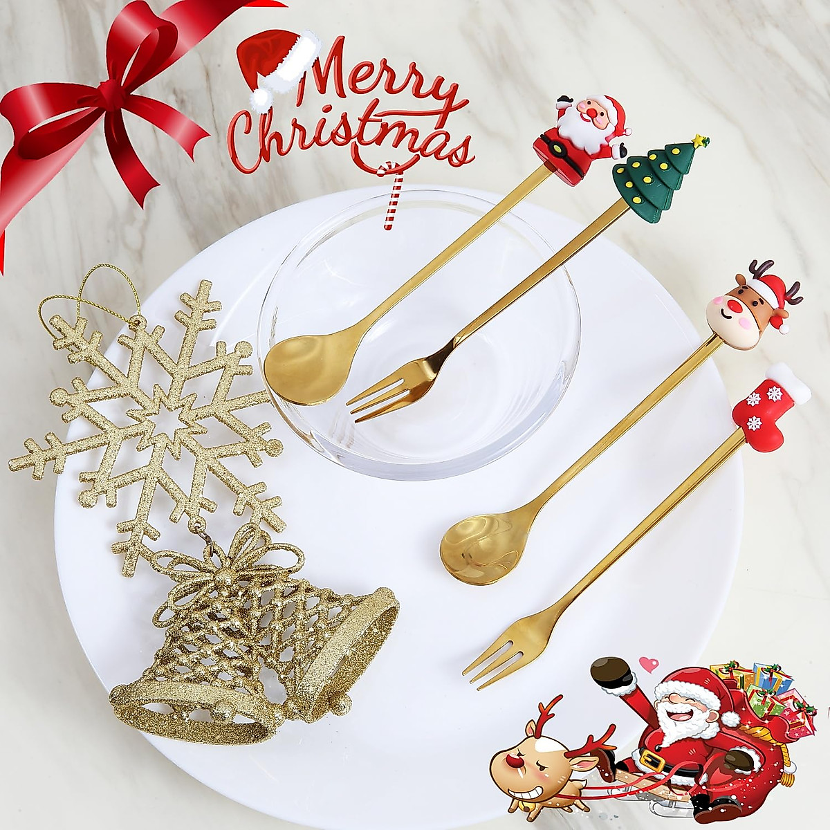 4Pack Stainless Steel Christmas Coffee Spoon and Xmas Dinner Forks Set -Dessert Spoon Fruit fork Ice Cream Iced Tea Spoon, Cake Forks - Gifts for Christmas Party Supply