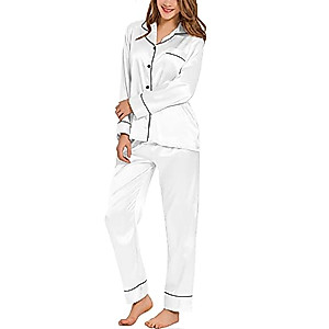 SWOMOG Womens Satin Pajamas Long Sleeve Sleepwear Silk Soft Button Down Loungewear Pjs Set S-XXL White X-Large