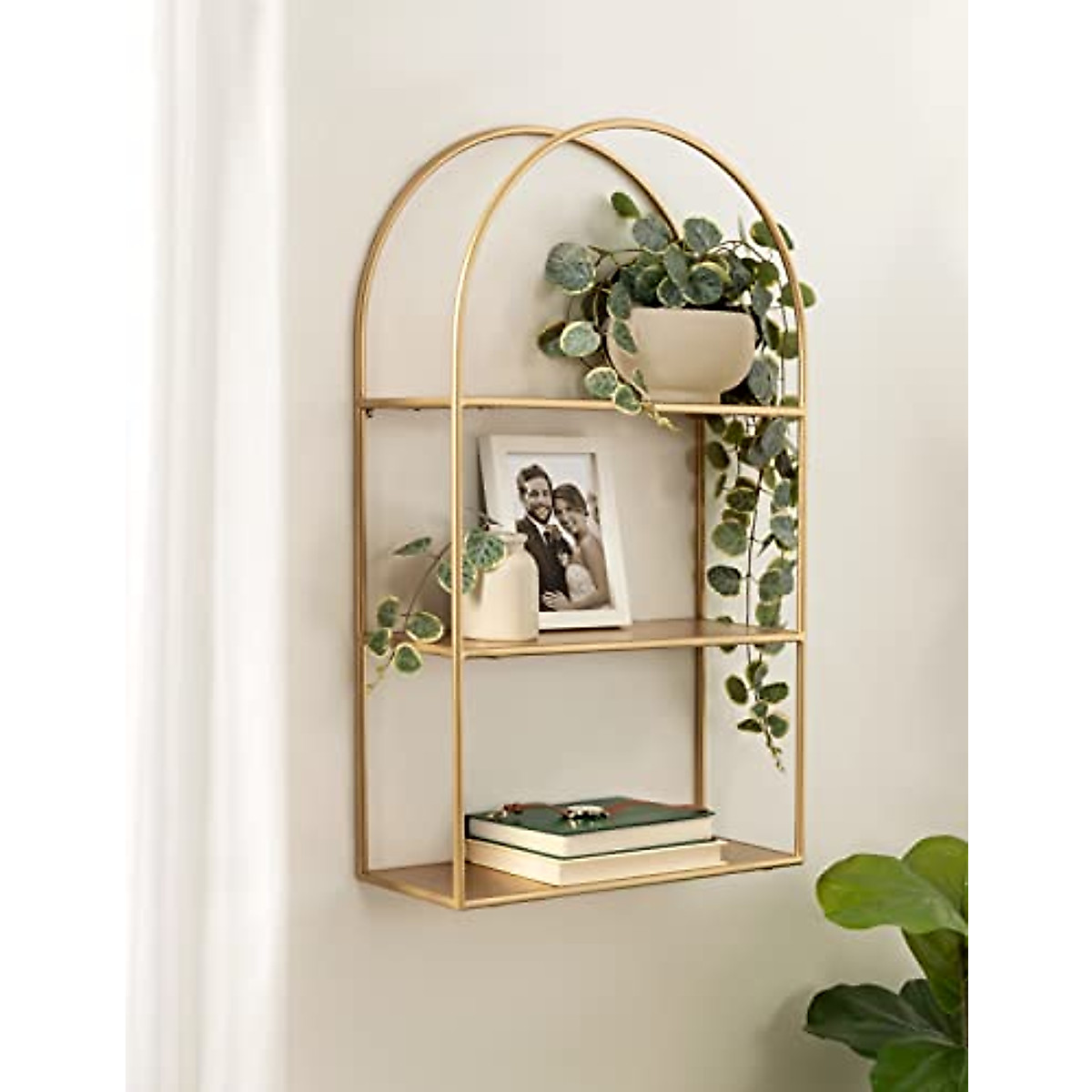 Kate and Laurel Monroe Modern Arched Wall Shelf, 18 x 31, Gold, Decorative 3 Tier Floating Wall Shelves with Glamorous Finish and Robust Storage Capacity