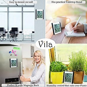 Vila Digital Thermometer and Hygrometer, Indoor Humidity and Temperature Monitor with Battery, Bright LCD Display for Quick Reading, Multiple Mounting Options, Touch Screen