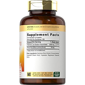Carlyle Vitamin C with Rose Hips 500mg | 200 Caplets | High Potency Formula | Vegetarian, Non-GMO and Gluten Free Supplement