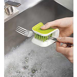 Joseph Joseph 85112 Surface Sink Caddy Stainless Steel Sponge Holder Organizer Tidy Drains Water, Silver & BladeBrush Knife and Cutlery Cleaner Brush Bristle Scrub Kitchen Washing Non-Slip, Green