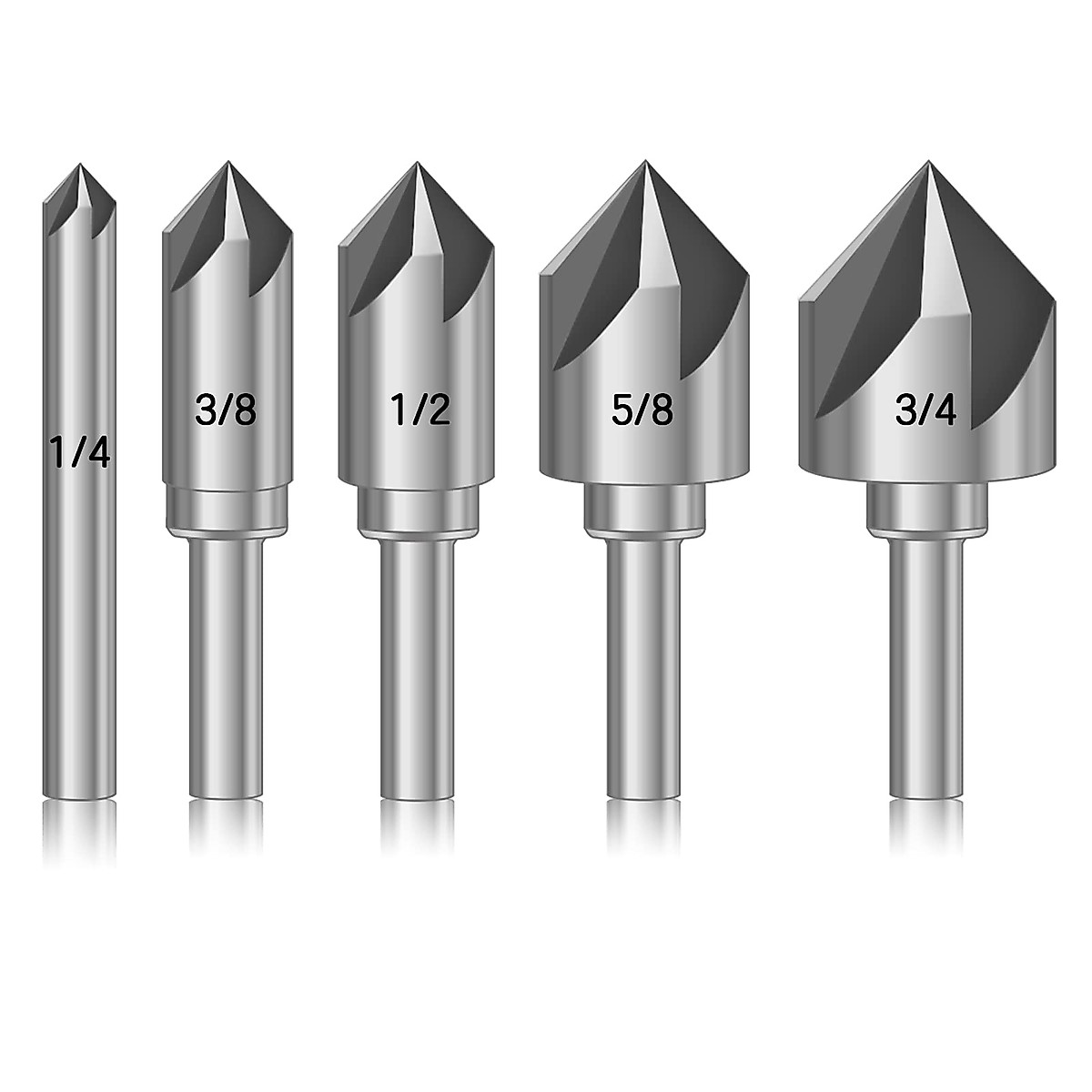 Countersink Drill Bit Set, 5 Pieces 1/4” 3/8” 1/2” 5/8” 3/4” High Speed Steel 1/4” (6mm) Round Shank, 82 Degrees Counter Angle, 5 Flute Mill Cutter Bit Countersink Set, Silver