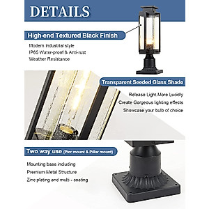 EERU Outdoor Post Light Fixtures 18" Large Exterior Post Lantern with Pier Mount Base IP65 Waterproof Black Finish with Seeded Glass Pier Mount Light Outdoor Pole Light for Patio, Porch, Yard, Garden