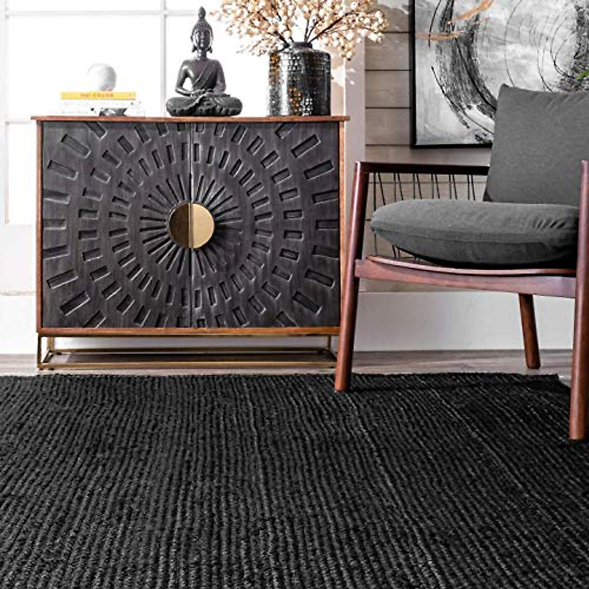 Agro Richer Rug Black Jute Hand Braided Rectangle Shape Home Living Room Living Room Farmhouse Carpet Rag Rug (180 x 240 CM (6x8 Feet))
