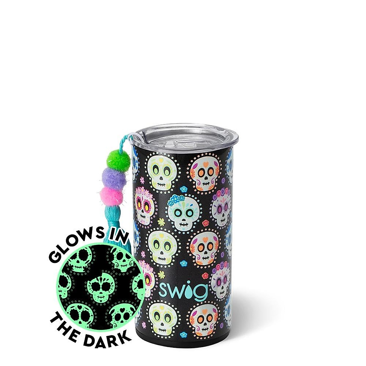 Swig Life 12oz Insulated Tumbler, Travel Coffee Tumbler with Lid, Cup Holder Friendly Travel Coffee Mug, Stainless Steel Thermos (Sugar Skulls)
