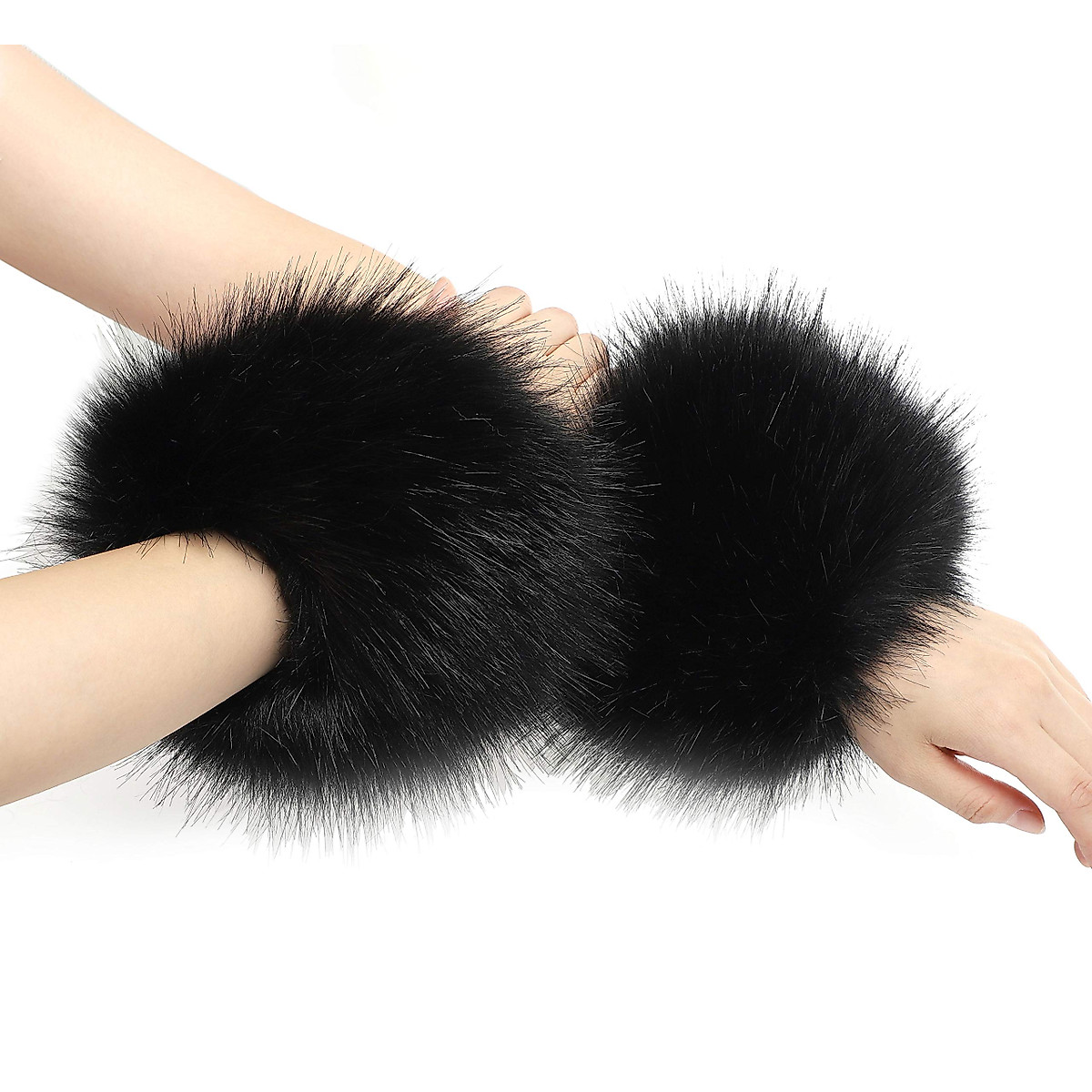 LA CARRIE Women's Snakeskin Print Faux Fur Wrist Cuffs,Winter Fox Furry Bands Arm Warmer (Black)