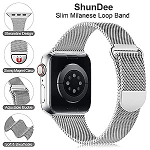 Slim Metal Band Compatible with Apple Watch Bands 40mm 44mm 41mm 45mm 38mm 42mm Women,Thin Narrow Stainless Steel Mesh Milanese Loop Magnetic Replacement Strap for iWatch SE Series 8 7 6 5 4 3 2 1