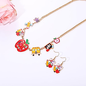 Teacher Earrings Necklace for Women Cute Back to School Apple Pencil School Bus ABC Chalkboard Owl Charms Pendant Necklace Hypoallergenic Notebook Drop Dangle School Student Earrings Jewelry Set Fun