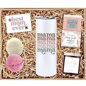 New Mom Gift Set - Mama Mama Tumbler - Best Mommy Spa Bath Set - Best Gift Idea First Time Mama and Expecting Mother to Be - Baby Shower Basket w/Bath Bomb, Soap, & Candle