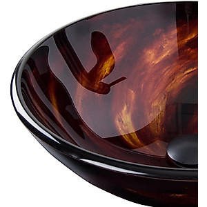 Puluomis Artistic Vessel Sink Bathroom Tempered Glass Vanity Round Bowl with Oil Rubber Bronze Faucet and Pop up drain Combo, Flame Red