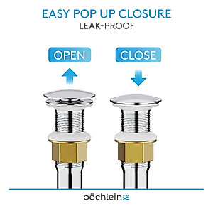 Bächlein Bathroom Sink Drain Without Overflow - Sink Stopper with Pop Up Function - Chrome Pop Up Bathroom Sink Drain incl. 3 Extra Seals and Installation Manual - German Brand